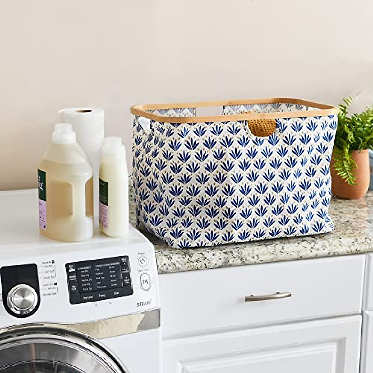 Household Essentials Bamboo Rimmed Krush Basket with Cutout Handles, Blue Cacti