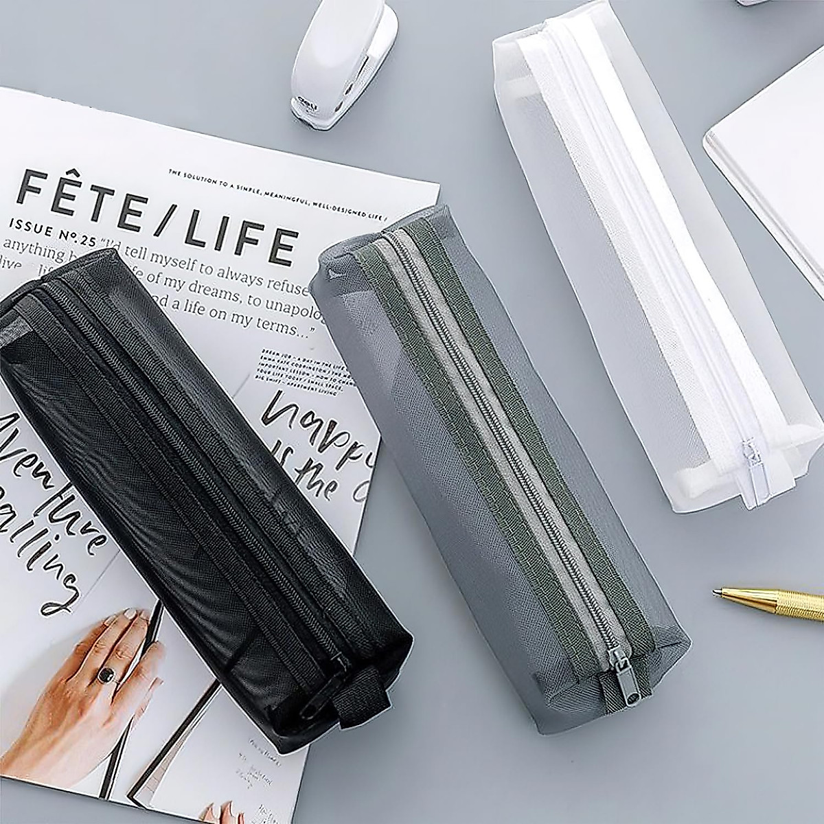 ONEDIGI 3 Pcs Mesh Cosmetic Bag Portable Travel Cosmetic Bag Mesh Pencil Case Suitable for Teenage Boys and Girls for Loading School Supplies