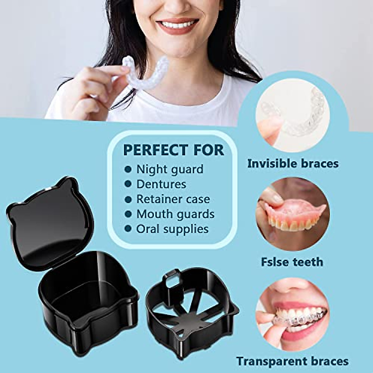 Denture Case, Denture Cup With Strainer For Dentures, Retainers, Night Guard & Mouth Guard, Retainer Case, Portable Denture Bath For Traveling & Daily Cleaning(BLACK)