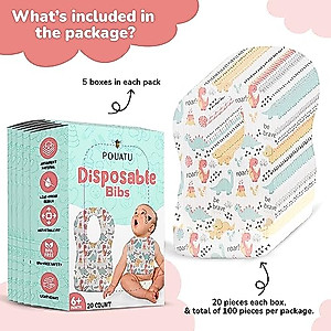 POUATU Premium Baby Disposable Bibs - Mess-Free Feeding and Easy Cleanup - 5 Packs of 20 (100 Count)