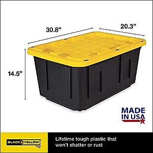 CX BLACK & YELLOW 27-Gallon Tough Storage Containers with Secure Snap Lid, Stackable, Extremely Durable, Nestable, 4 Pack