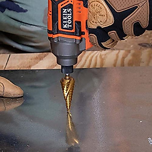 Klein Tools 25950 Step Drill Bit Set, Spiral Double Fluted, Titanium Nitride Coating, 1/4-Inch Impact Shank, Rugged Case, 4-Piece