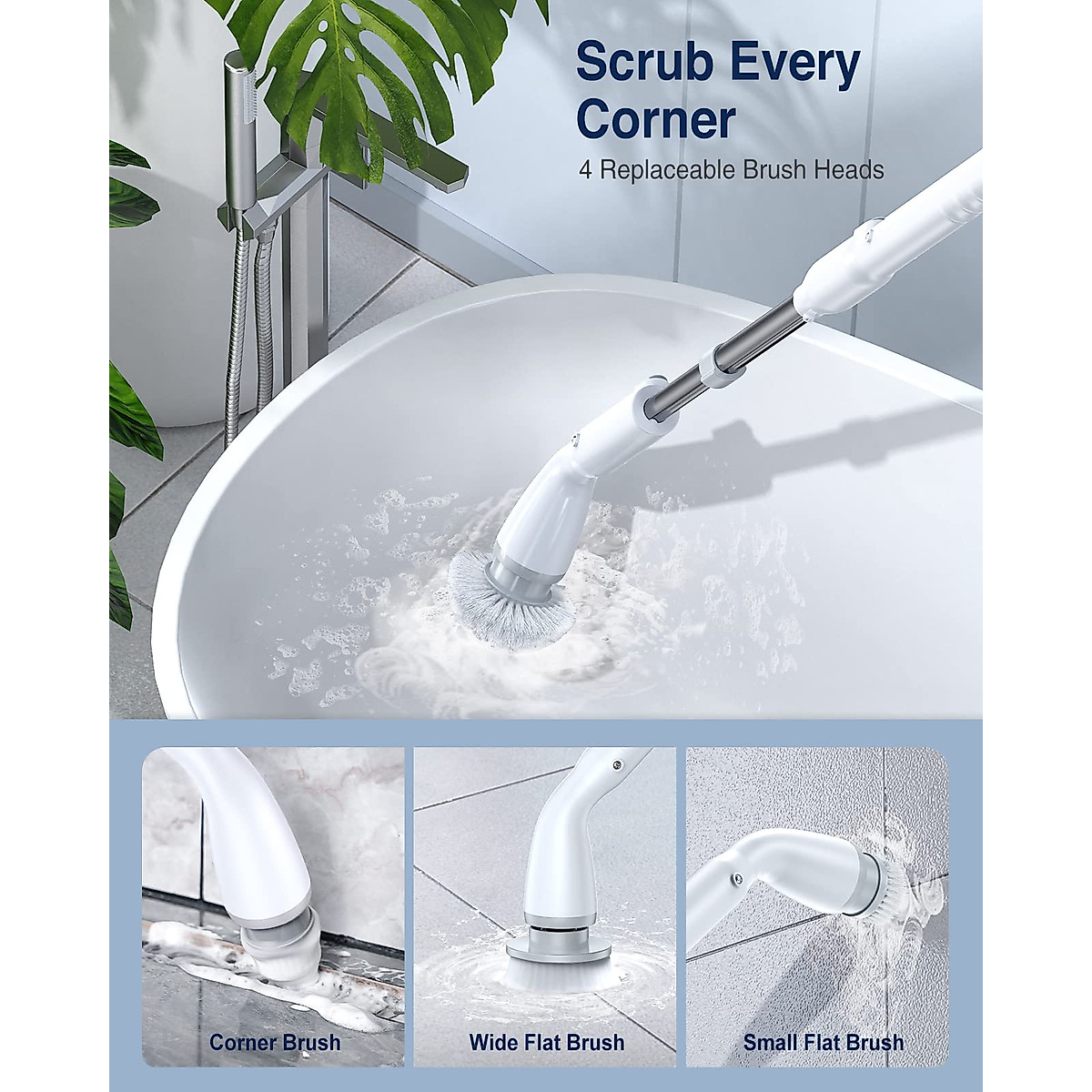 LABIGO Electric Spin Scrubber LA1 Pro, Cordless Spin Scrubber with 4 Replaceable Brush Heads and Adjustable Extension Handle, Power Cleaning Brush for Bathroom Floor Tile (White)