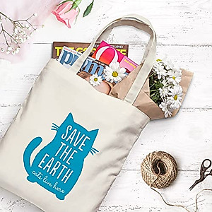 LotFancy Canvas Tote Bag for Women, Large Cute Tote Bag with Inner Pocket, Double Printed Reusable Grocery Bag for Beach School Travel, Book Tote Bags (CAT SAVE THE EARTH)