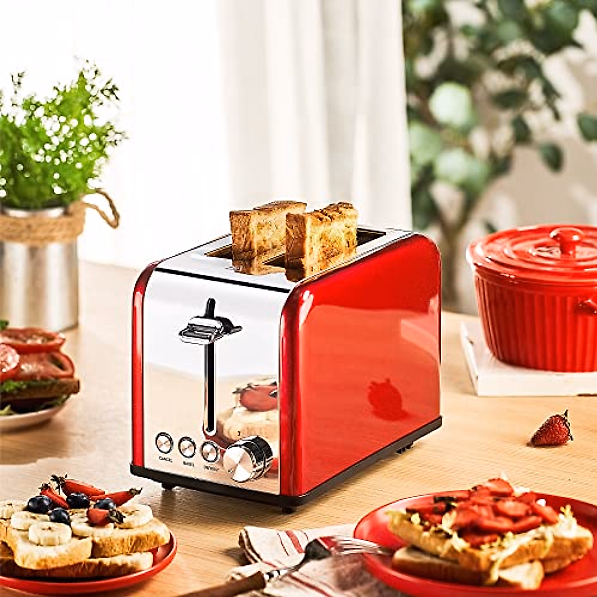 REDMOND 2 Slice Toaster Stainless Steel Toaster Wide Slots with Bagel Defrost Cancel Function 6 Bread Shade Settings for Bread waffles Auto Shutoff Red