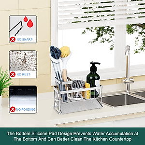 EEKEDO Kitchen Sink Caddy Organizer with Auto Drain Tray and Divider, Sponge Holder and Brush Storage for Kitchen, Rustproof Stainless Steel - Silver