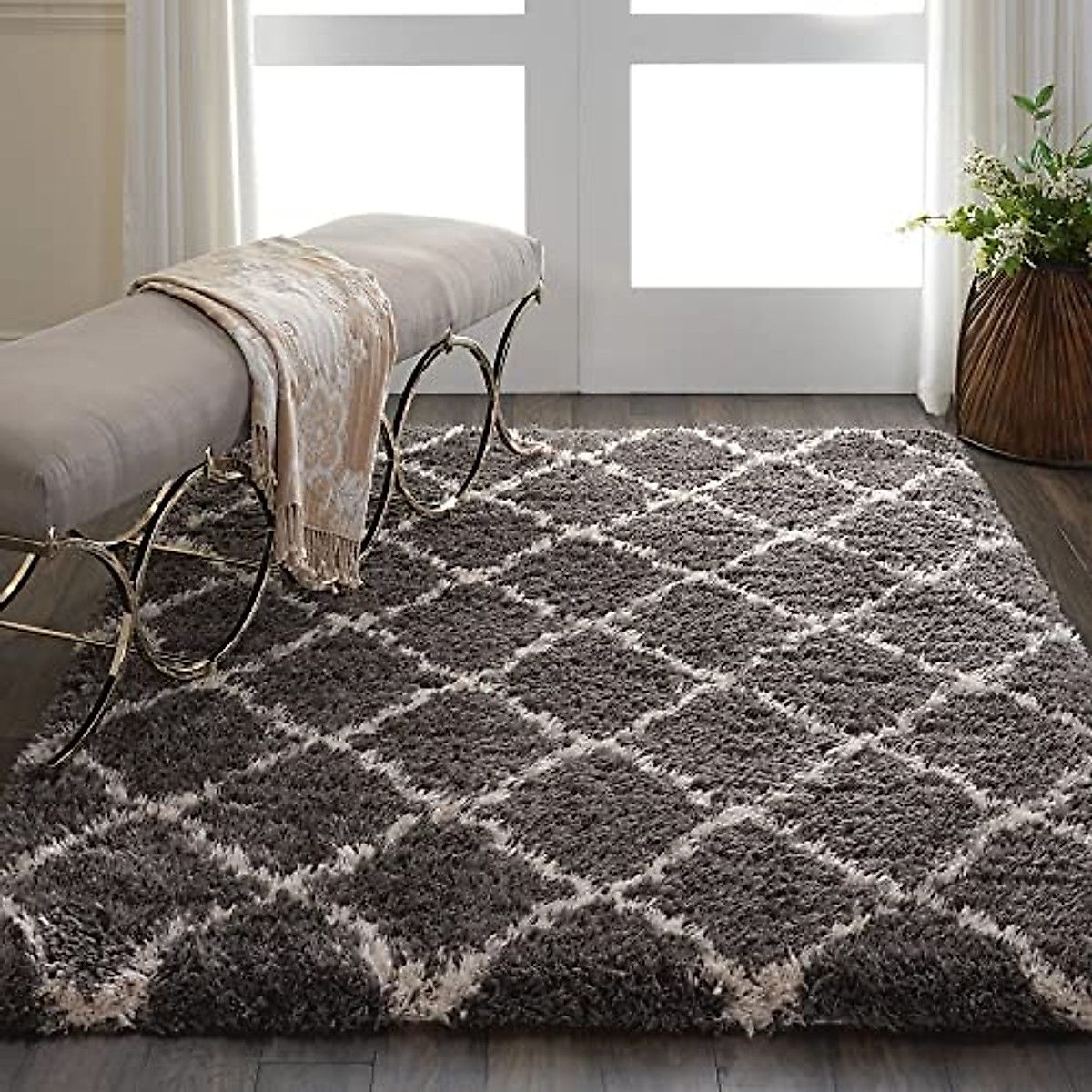 Nourison Ultra Plush Shag Moroccan Charcoal/Beige 2'2" x 3'9" Area -Rug, Easy -Cleaning, Non Shedding, Bed Room, Living Room, Dining Room, Kitchen (2x4)