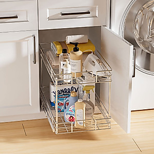 LOVMOR Cabinet Organizer, 2-Tier Pull Out Cabinet Organizers 11" W x 21" D, Pull Out Home Organizers Chrome Pull Out Drawer for Base Cabinet Silver