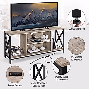 Yaheetech TV Stand for 65 Inch TV, Industrial Entertainment Center TV Console with Power Outlets, Modern TV Cabinet with Open Storage Shelves for Living Room, Gray