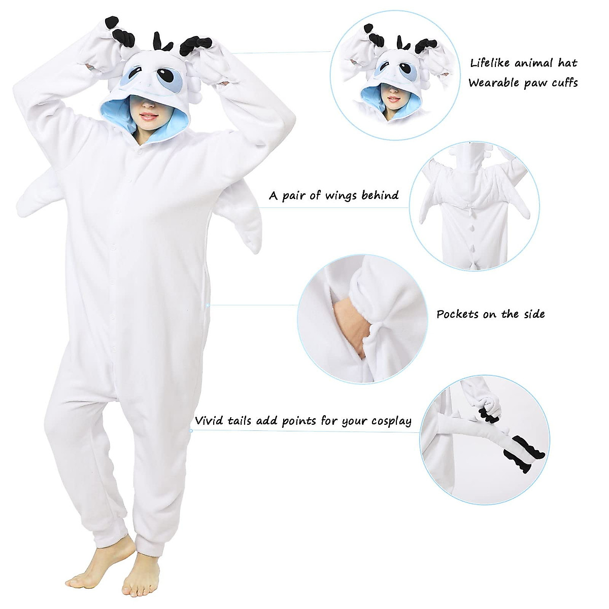 Oiziuzio Animal Unisex Onesie Holloween Cosplay Costume Dragon Pajamas for Adult Women Men White XL