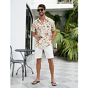 PAODIKUAI Men's Printed Shirt Button Down Short Sleeve Cute Mushroom Hawaiian Shirt (Mushroom Yellow, Small)