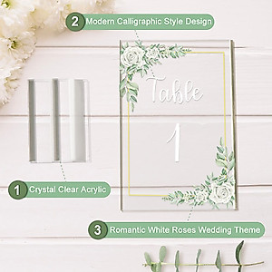 OurWarm White Rose Acrylic Wedding Table Numbers 1-20, 4x6 Inch Printed Calligraphy Table Number with Stands, Clear Table Number Signs and Holders, Perfect for Wedding Reception Anniversary Event