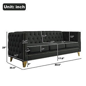 ATUMON Modern 2 Piece 81" 3-Seater Velvet Sofa Set,Buttons Tufted and Square Arm,Inlaid Gold Nail Heads and 4 Golden Metal Legs for Living Room (Black, 81" 3+3 Seat Velvet Sofa Sets)