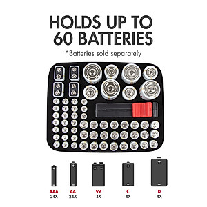Tenergy Battery Organizer Storage Case with Battery Tester, Holds 60 Batteries AA AAA C D 9V (Batteries not Included)