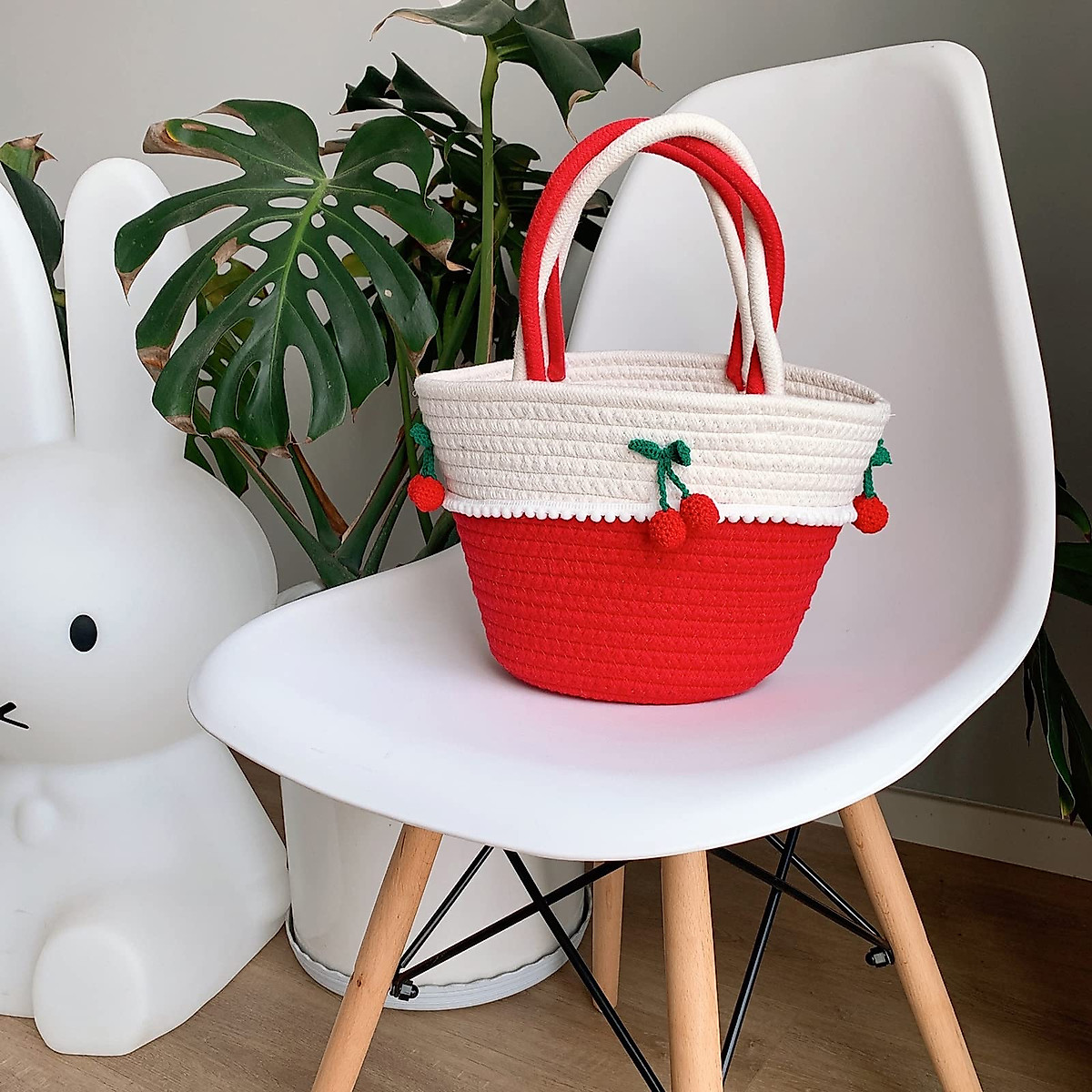 LOHGOU Women Girls Handwoven Cotton Handbag Cute Cherry Tote Bag Summer Beach Purse (Red)