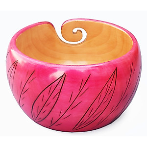 Premium Wooden Yarn Bowl for Crocheting & Knitting 7" x 4" - Large Yarn Bowl Holder - Wooden Yarn Storage Bowl - Crocheting Accessories & Gifts for Mom - Leaves Design Pink