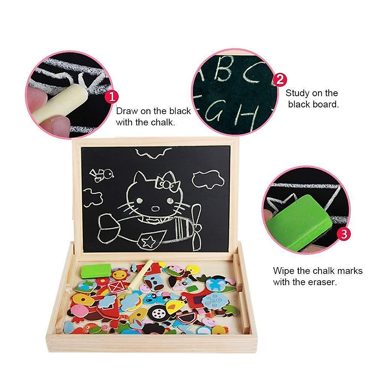 Wooden Toy Magnetic Board Puzzle Games , Double Side Jigsaw &Drawing Sketchpad Writing Dry Erase Board Chalkboard Educational Toys for Kids