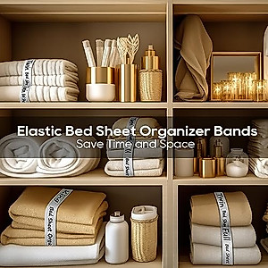 OS OMYSTYLE Closet Organization Sheet Straps 4 Pieces, Bed Sheet Organizer Bands, Elastic Bed Sheet Storage Sheet Keepers, Linen Labels Bedding Bands-King Size