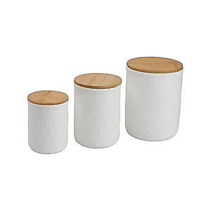 Bloomingville Farmhouse Stoneware Canisters with Honeycomb Design and Bamboo Lids, White and Natural, Set of 3 Sizes