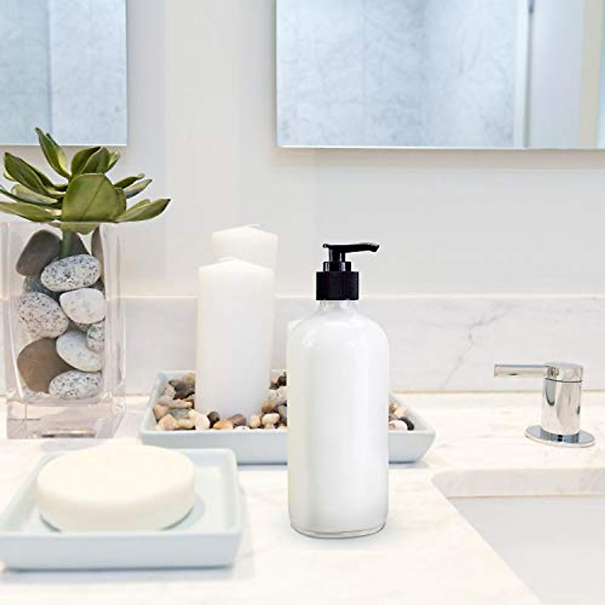 8oz 8 Pack Glass Pump Bottles, RUCKAE Clear Pump Bottle for Soap Dispenser, Empty Pump Bottle for Shampoo, Body Wash, Hand Soap, Lotion and More