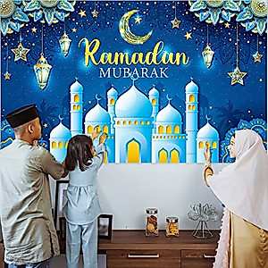 Ramadan Mubarak Decorations Backdrop Banner Muslim Ramadan Kareem Background Eid Mubarak Sign Photo Booth Backdrop Background for Home Muslim Ramadan Eid Al Fitr Party Supplies (Blue)