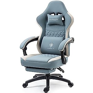 Dowinx Gaming Chair Breathable Fabic Computer Chair with Pocket Spring Cushion, Comfortable Office Chair with Gel Pad and Storage Bags,Massage Game Chair with Footrest,Blue