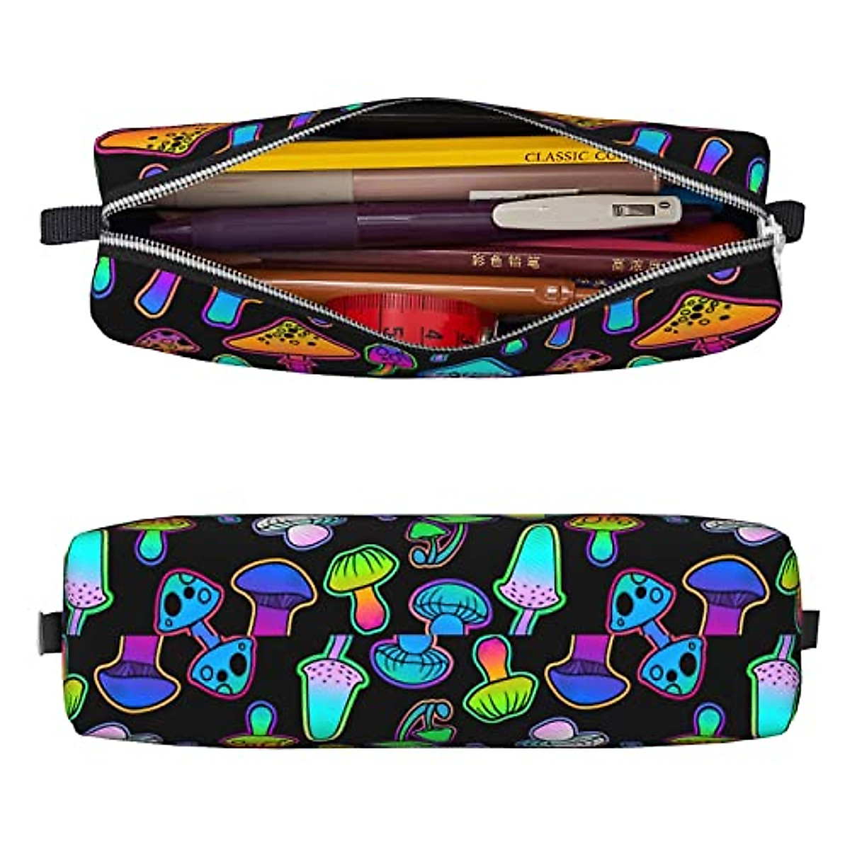 Colorful Mushroom Leather Pencil Case Bag for Girls Boys Lightweight Durable Pen Pouch with Brass Zipper, Organizer Box Change Coins Bag