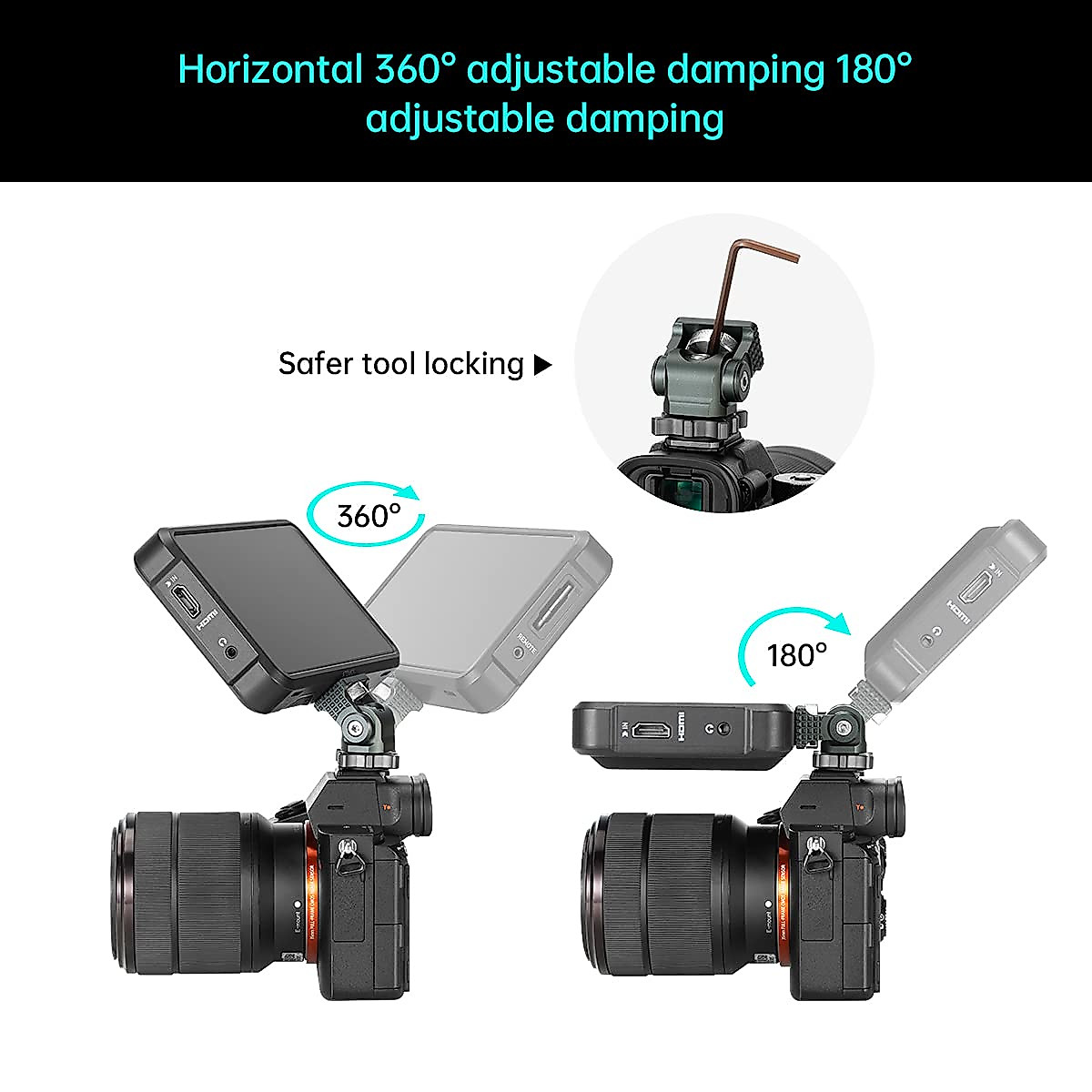 Field Monitor Holder Mount with Cold Shoe 1/4 Screw for 5 inch and 7 inch Monitor, LCD Field Monitor, LED Lights, Flash, Microphone, Gopro, Action Cam，Swivel and Tilt…