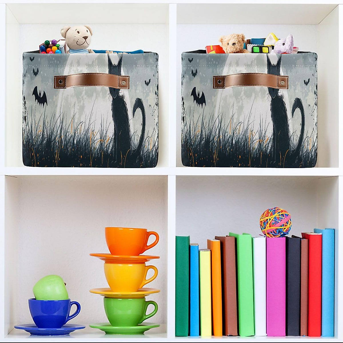 GOODOLD Spooky Black Cat Shelf Storage Baskets, Foldable Fabric Storage Bins with Leather Handles for Closet, Home, Bedroom, Nursery, Office Organizers (1 Pack)