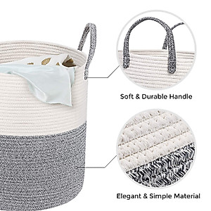 SONGMICS Woven Cotton Rope Basket, Toy Storage Bin with Handles, Blanket Storage for Pillows, Clothes in Living Room, Bedroom, Gray and Beige ULCB440G01
