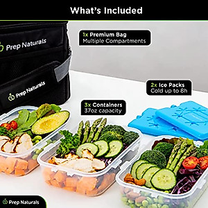 Insulated Lunch Box For Men - Meal Prep Lunch Bag Women/Men. Small Cooler Bag Includes 3 Lunch Containers and Ice Packs. Adjustable shoulder strap. By Prep Naturals