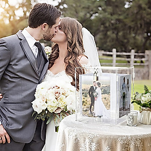 CYAOOI Acrylic Wedding Card Box with Picture Frame, Clear Gift Card Box for Wedding Reception, Large Rotatable Money Envelope Card Box Holder with Lock for Graduation Party Birthday Baby Shower