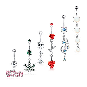 Drperfect 6PCS 14G Dangle Belly Button Rings Rose Gold Silver Plated 316L Stainless Steel Belly Button Piercing Jewelry for Women