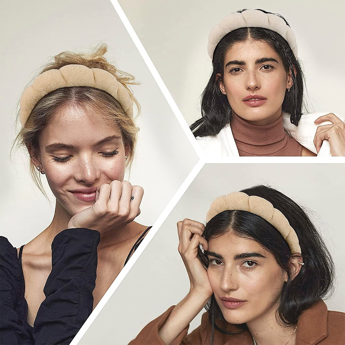 AMCAMI 2 PCS Puffy Spa Headband for Women Sponge Headbands for Girls Terry Towel Cloth Fabric Head Band for Skincare, Makeup Removal= (Beige&Light coffee)