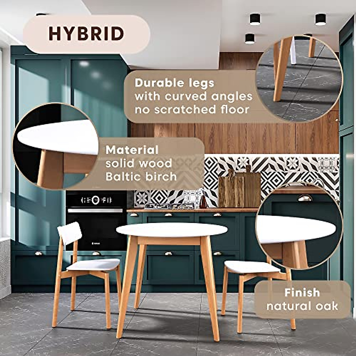 DAIVA CASA Orion Round Table for 3 Person - Birch Solid Wood Kitchen & Dining Room Furniture - Mid Century Modern Scandinavian Style – White Brown Table 35 inch