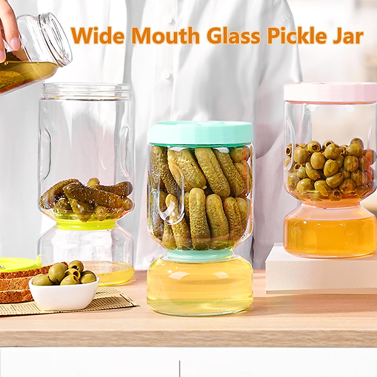 ZENS Glass Pickle Jar with Strainer Flip, 2 Pack 51oz Anti-Slip Large Pickle Container, Airtight Hourglass Pickle Juice Separator Canning Jar for Storage Olive, Gherkin, Dill Sliced Pickles.