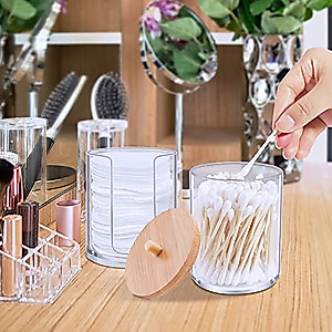 TCJJ Acrylic Cotton Round Pad Holder and Qtip Holder Dispenser Set with Bamboo Lid, Stackable, Clear Plastic Bathroom Vanity Organizer for Makeup Cotton Pad Swab Ball (Bamboo Lid)
