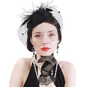 Diwlolido Fascinators Hats Pillbox Hat Cocktail Tea Party Feather Hair Clip Wedding Headwear with Veil for Women and Girls (Feather Black Set)