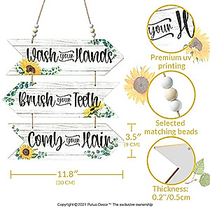 Putuo Decor Sunflower Bathroom Sign, Rustic Farmhouse Wash Brush Wall Decor for Home, Laundry, 3 Pieces 11.8x3.5 Inches Arrow Hanging Plaque