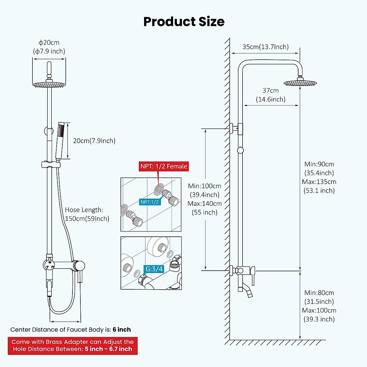 gotonovo Stainless Steel SUS304 Shower Faucet 8 Inch Rainfall Shower Head Cylinder Handle Brushed Nickel Exposed Shower Fixture Wall Mount Shower System With Hand Spray