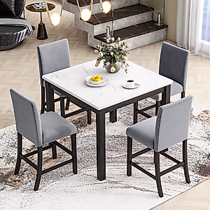 Merax Dining Table Set for 4, Counter Height Dining Table Set with Faux Marble Dining Table and 4 Upholstered-Seat Chairs, 5 Piece Dining Room Table Set for Kitchen and Living Room Furniture, Gray