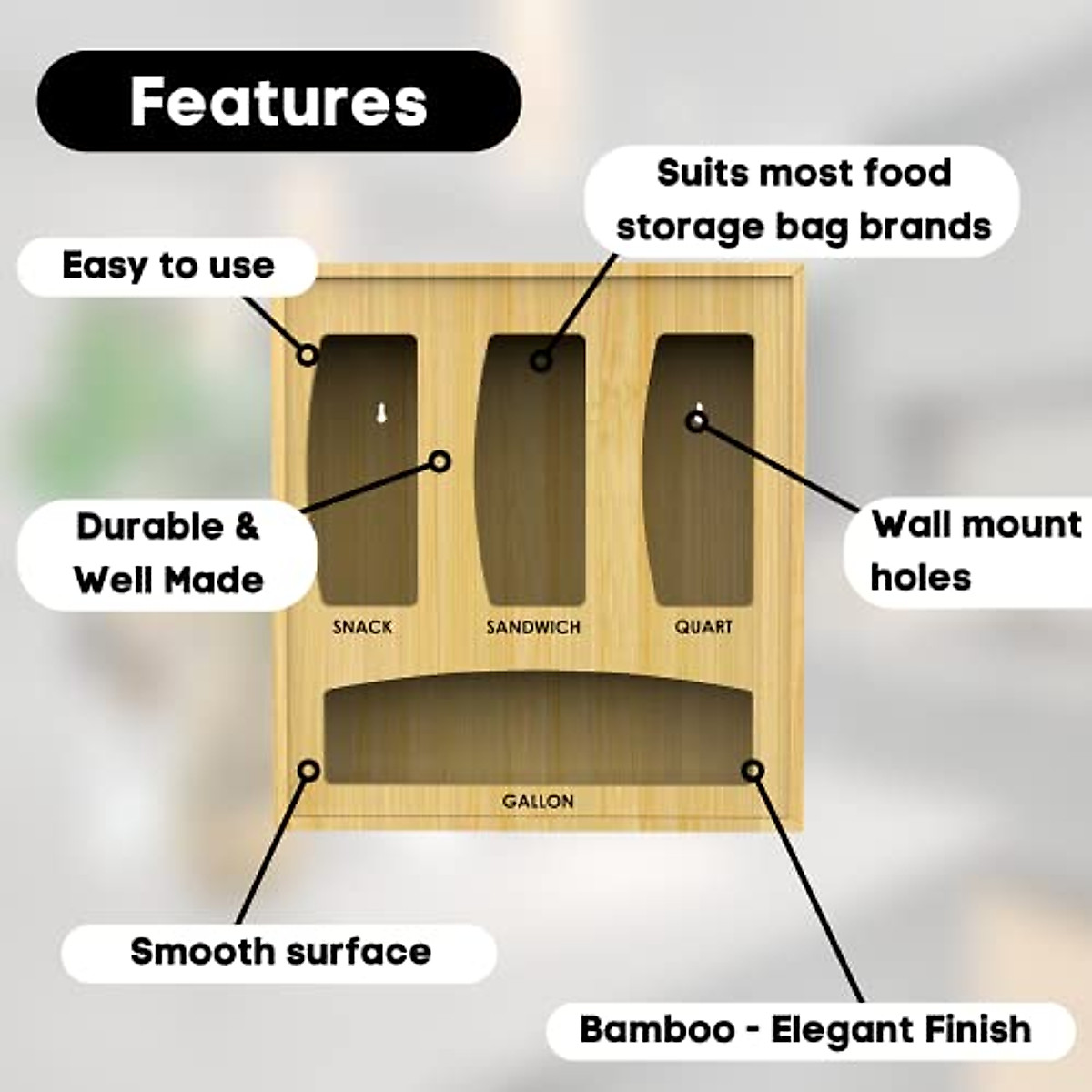 Ninjur Bamboo Ziploc Bag Storage Organizer & Dispenser for Kitchen Drawer – Food Baggie Organization Holder with Slider - Compatible with Gallon, Quart, Sandwich and Snack Plastic Bags