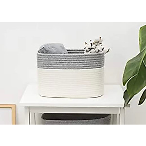 RoomForLife - Oval Cotton Rope Basket - 18 Inch Diameter - Gray/White Color - Open Top Storage