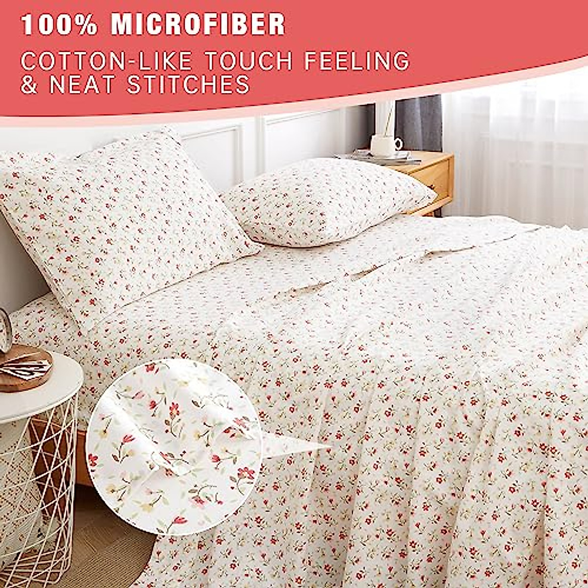 Queen Bed Sheet Set 4PC Printed Cute Red Flower Sheet Pattern Cooling Brushed Microfiber 17" Deep Pocket Floral Sheets Set Luxury, Soft, Breathable, Hypoallergenic, Wrinkle Free Double Bedding