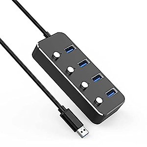 WJCCY Aluminum Alloy 4 Port USB 3.0 Hub Sub-Control Switch HUB 60/120cm Cable Upto 5Gbps Splitter (Color : Black)