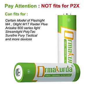 Ormakurda 16650 Rechargeable Battery, 16650 Battery 1800mAh 3.7V Li-ion Rechargeable Batteries with Button Top for Flashlights Torches (2Pack)