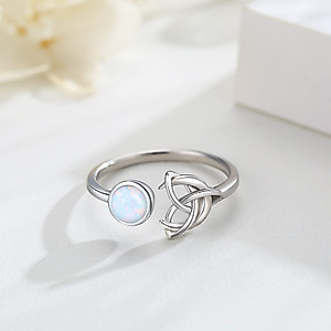 TUGHRA White Opal Ring Birthstone Statement Rings Celtic Knot Moon Ring 925 Sterling Silver Crescent Moon Ring Open Adjustable Rings Jewelry Gift for Women Teen Wife Birthday Present Jewelry