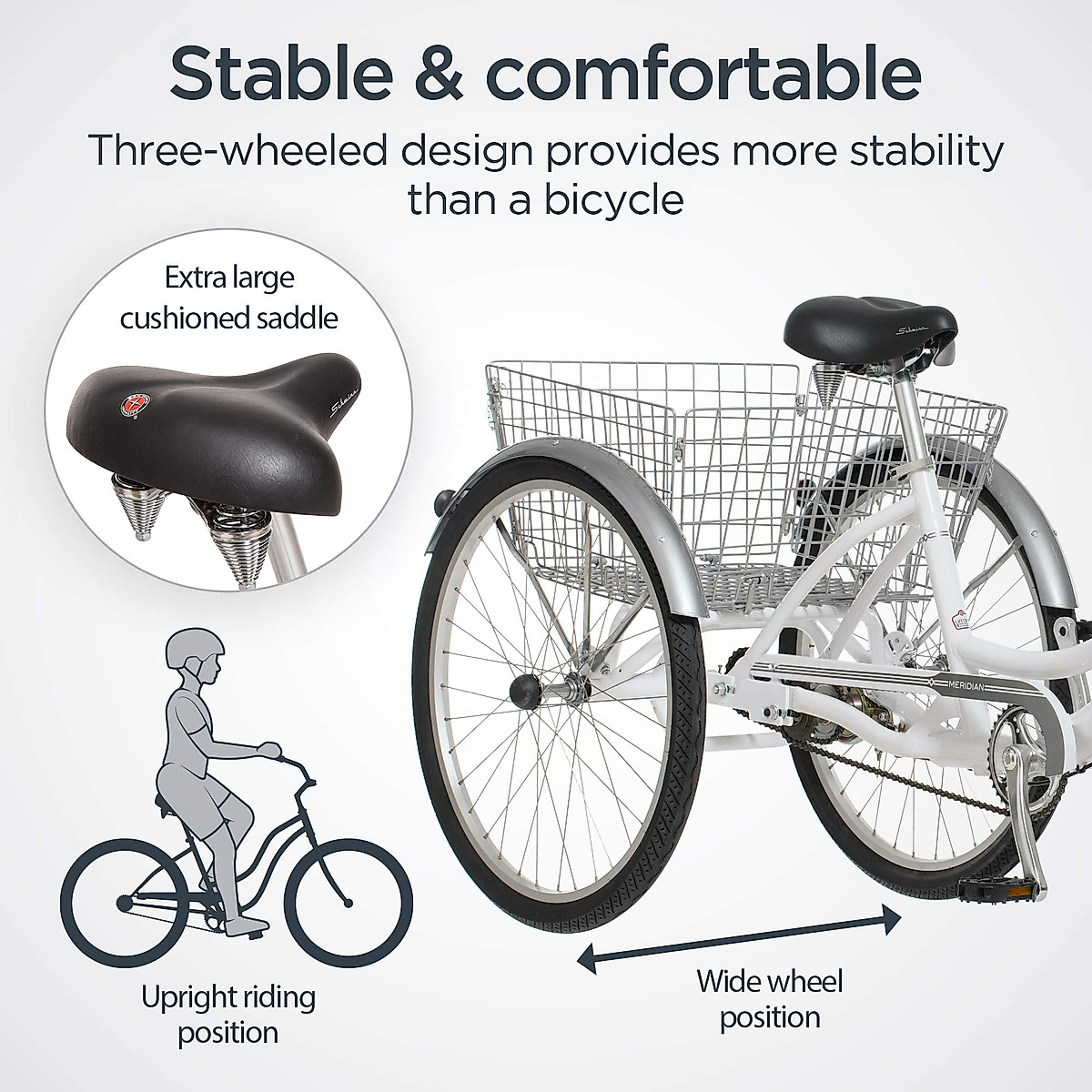 Schwinn Meridian Adult Tricycle Bike, Mens and Womens Three Wheel Beach Cruiser, 26-Inch Wheels, Low Step-Through Frame, Wide Seat, Rear Folding Basket, 1-Speed, White