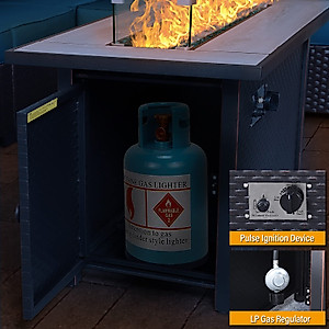 45 Inch Fire Table for Outside 60000 BTU Steel Gas Fire Pit Outdoor Fire Pit Table with Woodgrain Marble Tabletop Glass Wind Guard Cover and Blue Crystal Beads