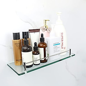 mokhome Bathroom Shelves, Glass Shower Caddy, Rectangle Floating Wall Mounted Shelf,Tempered Clear Glass Shelving with Towel Bar Shampoo Holder,1 Shelf, SUS304 Stainless Steel Brackets,Rustproof